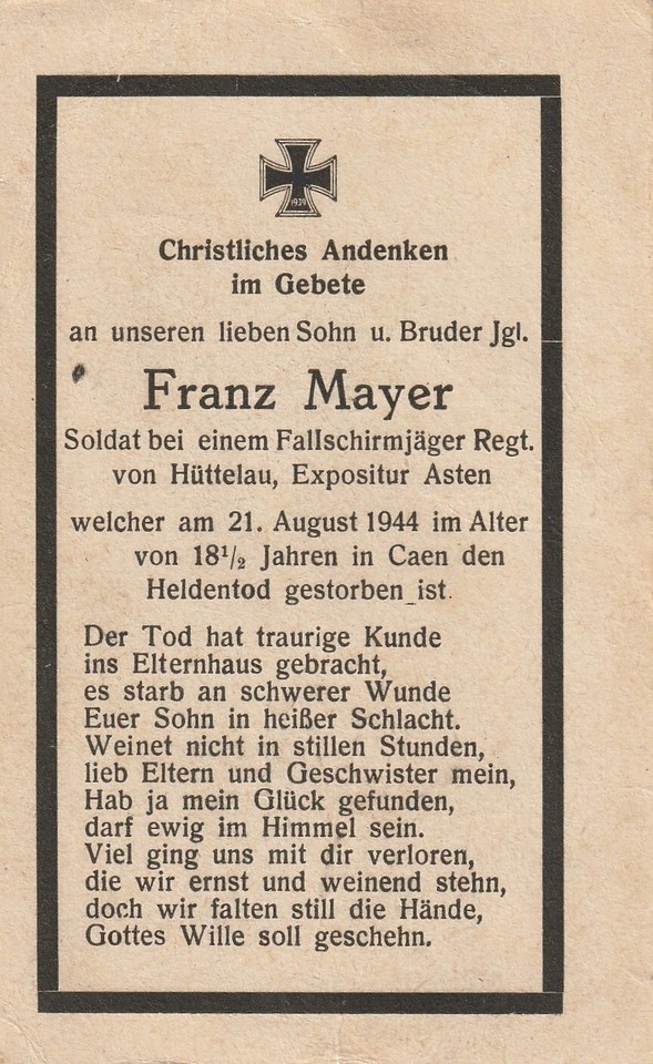 German WW2 Soldiers -- Death Card * ORIGINAL * Paratrooper - Caen ...