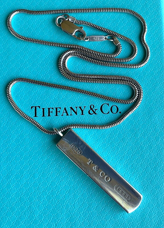 Tiffany & Co Sterling Silver 1837 Bar Pendant 18" Snake Chain Necklace ...