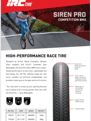 20" BMX tyre IRC Siren Pro BMX race racing tyre 20x1.75 or 20x1.90 AU ...