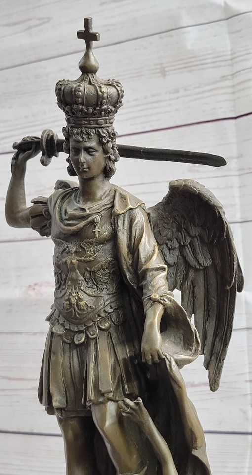 Sign Roche St Michael Slaying Lucifer Bronze Marble Base Sculpture ...