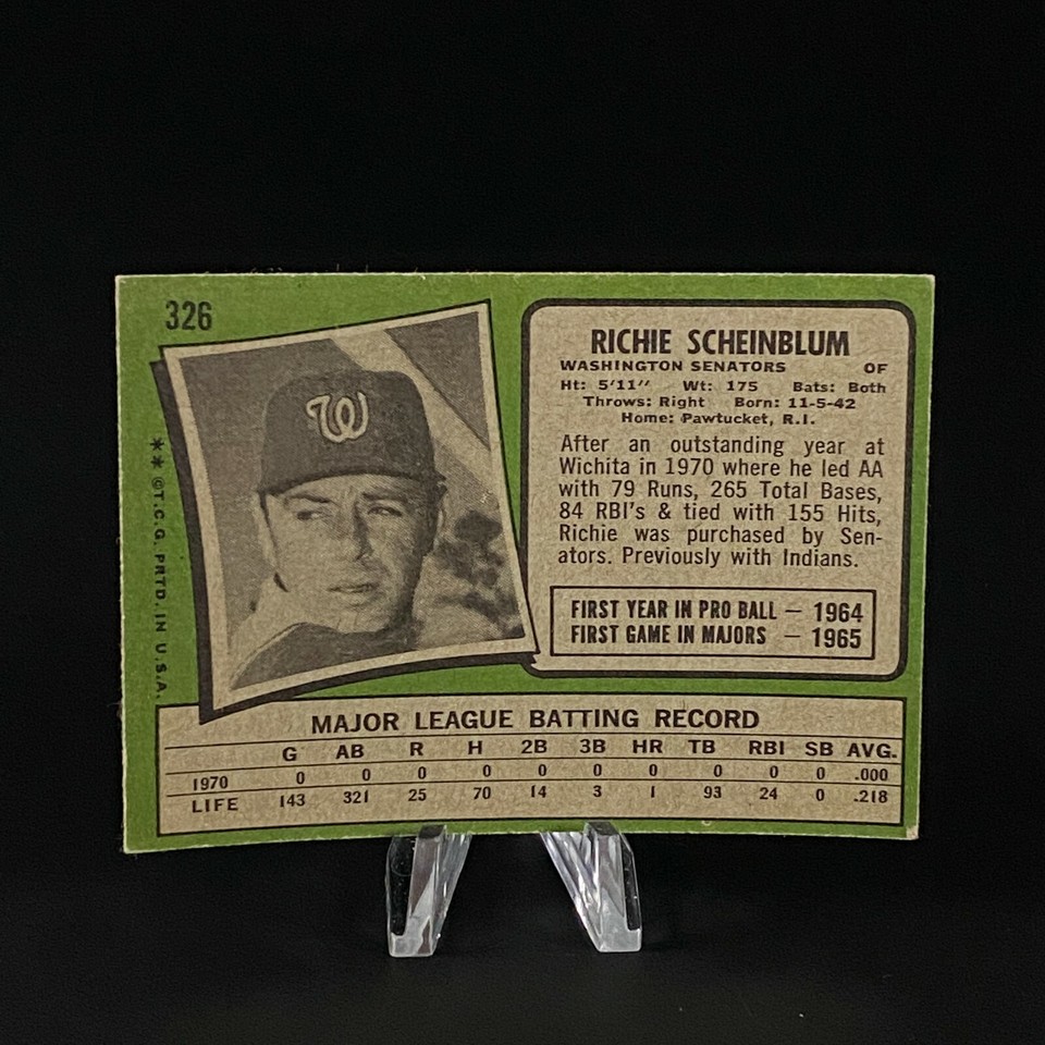 1971 TOPPS BASEBALL SET BREAK 326 RICHIE SCHEINBLUM SENATORS EX+ ICONIC ...