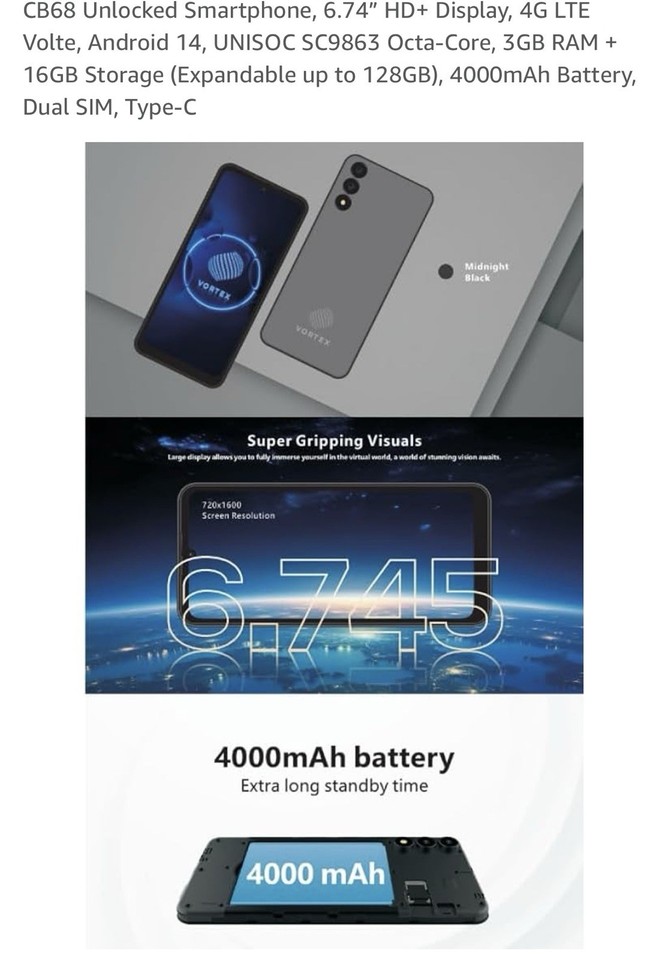 VORTEX CB68 Unlocked Smartphone, 6.74” HD+ Display, 4G LTE Volte ...
