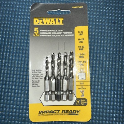 NEW 5PC Dewalt Impact Ready drill & Tap Set DWADT5SET 8-32 to 1/4"-20 ...