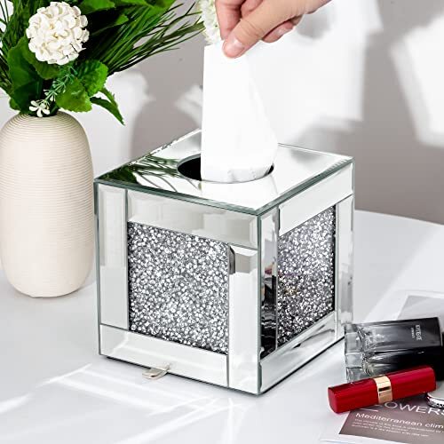 Mirrored Tissue Box Cover Holder Square Glass Facial Tissue Holder With ...
