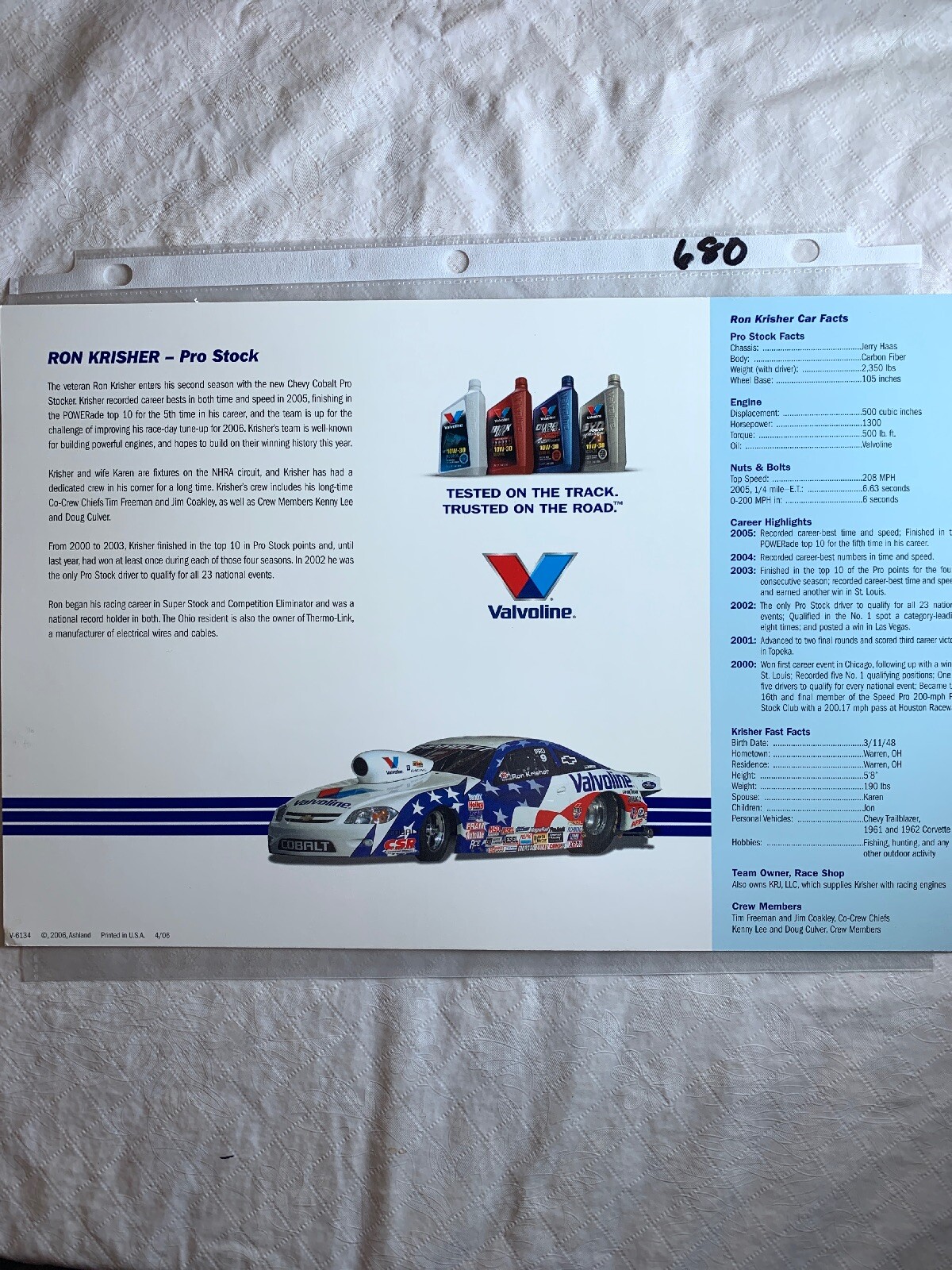 2007 Autographed Ron Krisher Valvoline Pro Stock Cobalt NHRA Photo Card ...