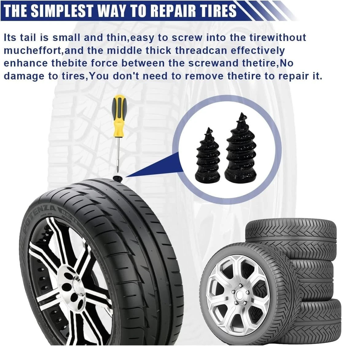 Share 60 Pcs Tire Repair Rubber Nail Screw Tire Plugs Quick Puncture ...