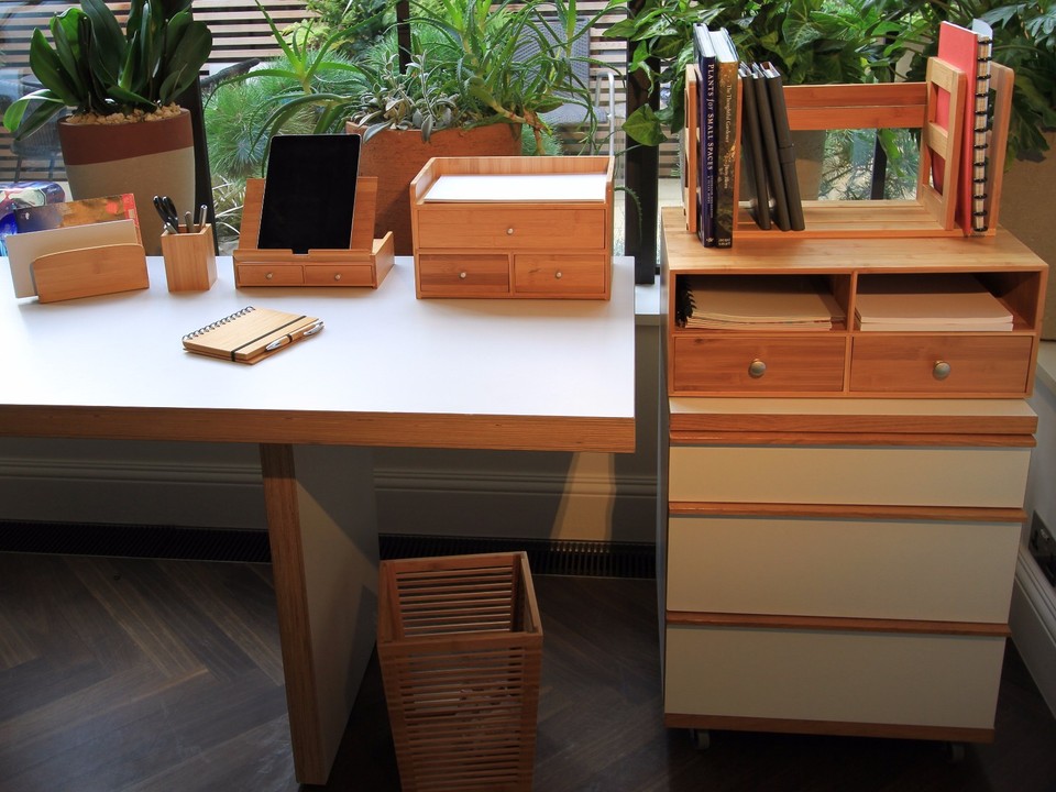 Bamboo Printer Monitor Stand Desk Tidy with Drawers Home Office Storage ...