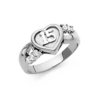925 Sterling Silver Cubic Zirconia Quince "15" Heart Ring (01) - Size 8 ...