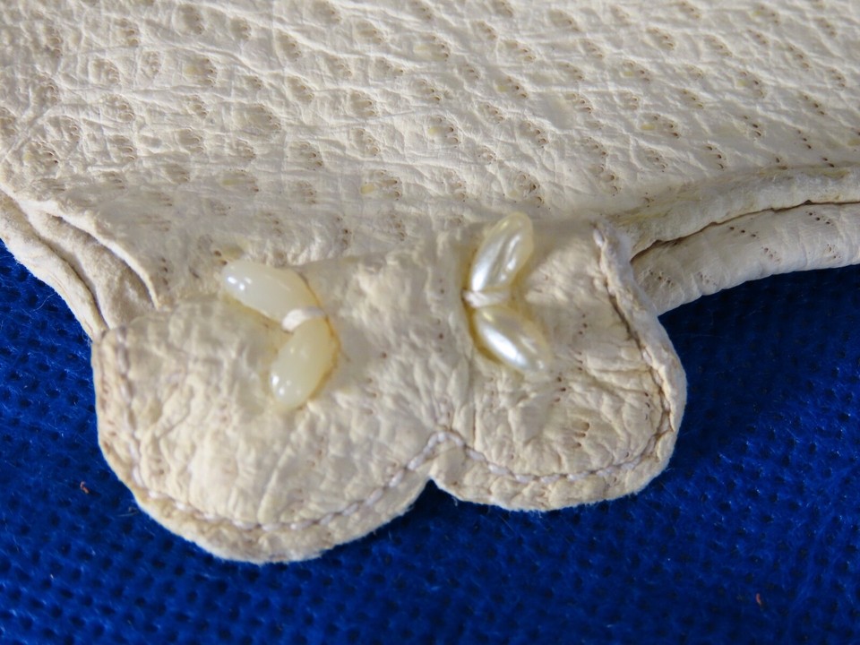 BOYCE LAZARUS Vintage IVORY PIG SKIN LEATHER GLOVES Washable BEAD TRIM ...