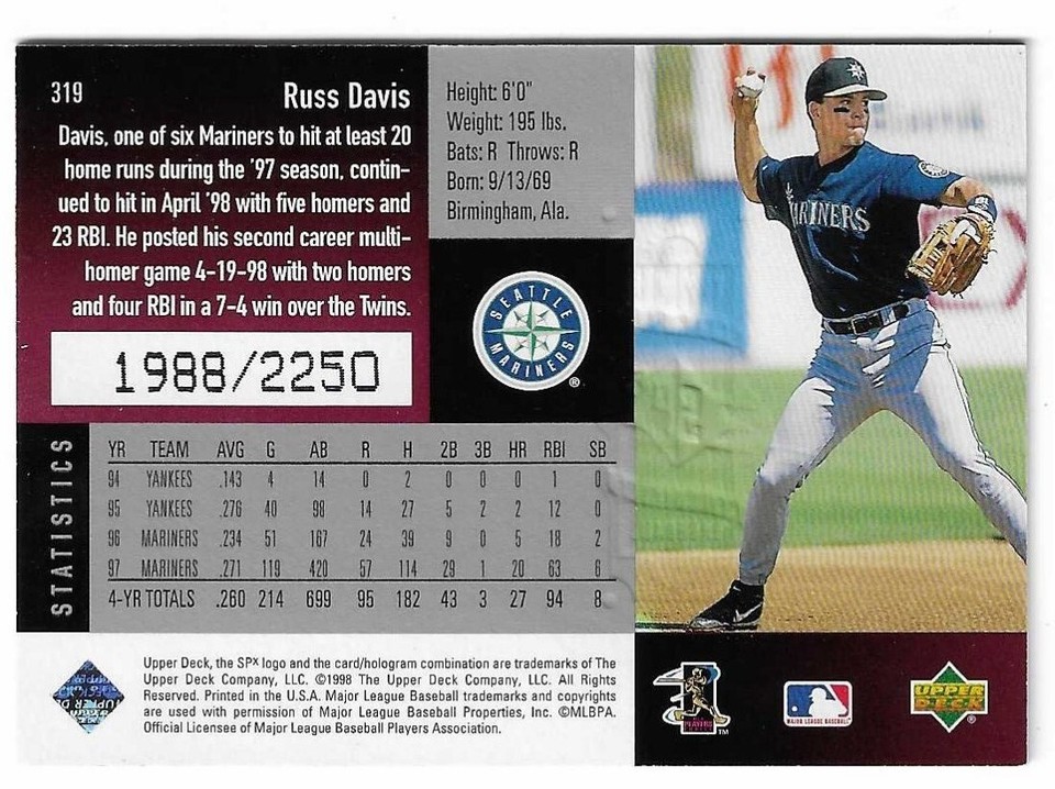 1998 SPx Finite Baseball Russ Davis Spectrum Card #319 Seattle Mariners ...