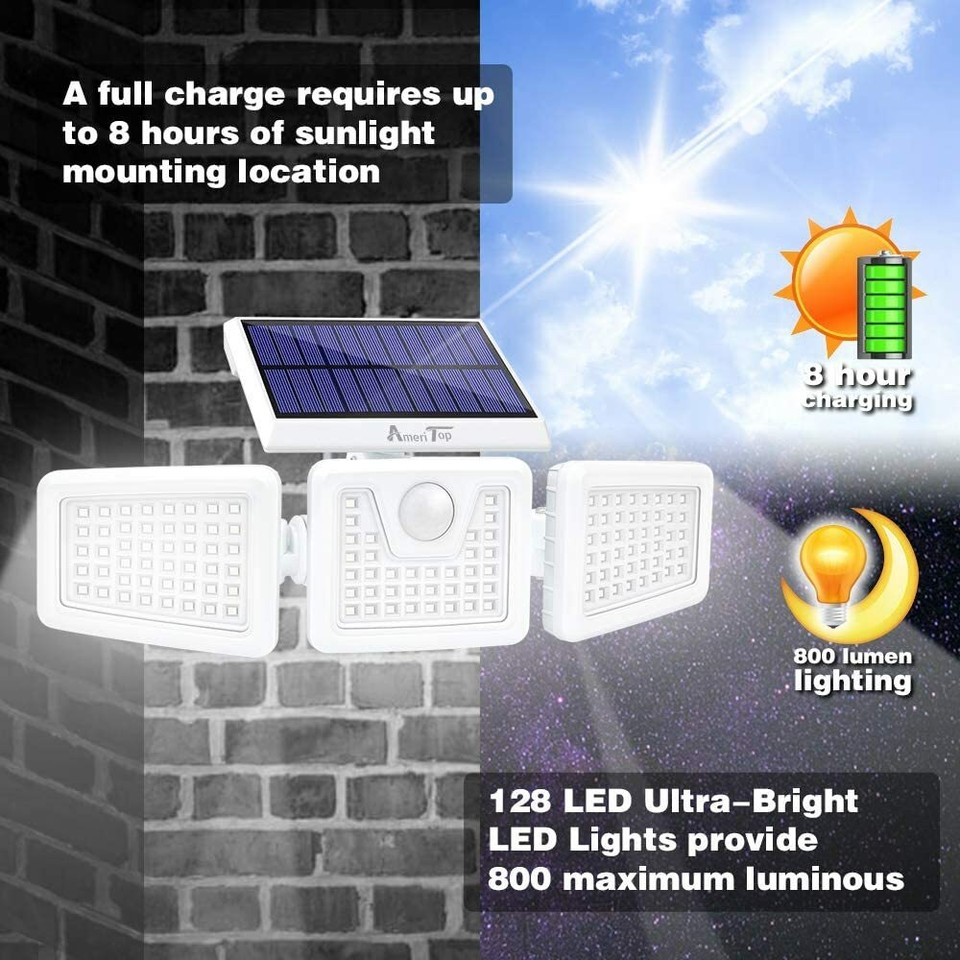 2 Pack Solar Lights Security Outdoor 800LM 128 LED Motion Sensor IP65 ...