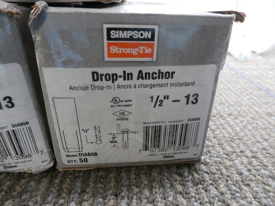New 127 Pack Simpson Strong-Tie Drop-In Anchors DIA50 1/2" DIA50C 1/2 ...