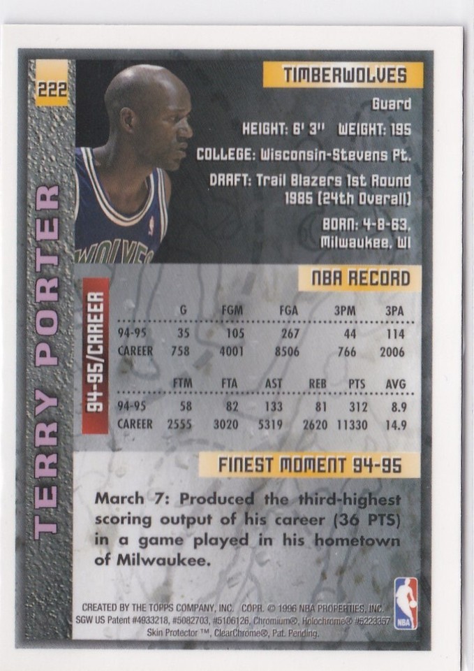 1995-96 Topps Finest Terry Porter #222 Minnesota Timberwolves | eBay