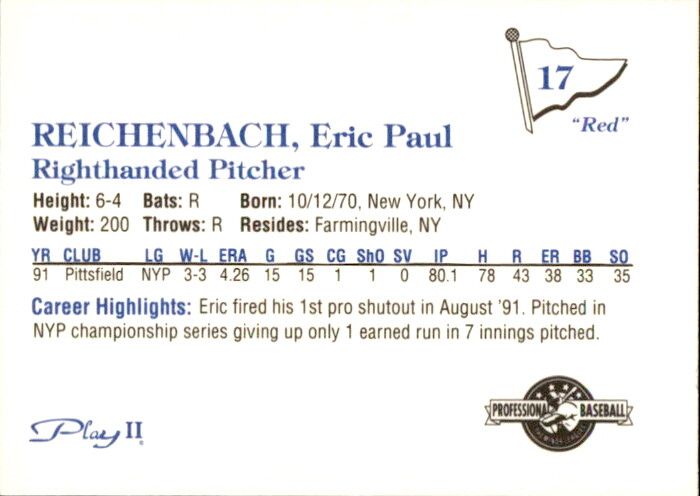 1992 Columbia Mets PLAY II #17 Eric Reichenbach Farmingville New York ...