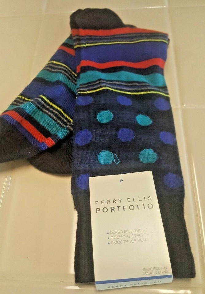 Perry Ellis Portfolio Mens Navy Blue Dress Socks Polka Dot Stripes Size ...