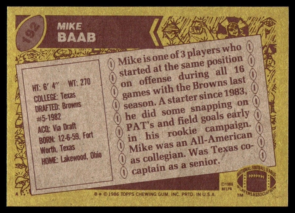 1986 Topps Mike Baab Rookie Cleveland Browns #192 | eBay