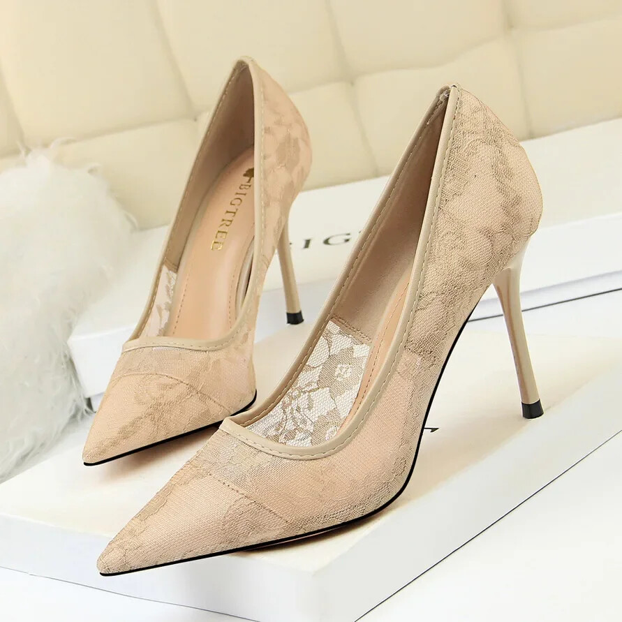 Women Sexy 9cm High Heels Mesh Sandals Pointed Toe Pumps Stilettos ...