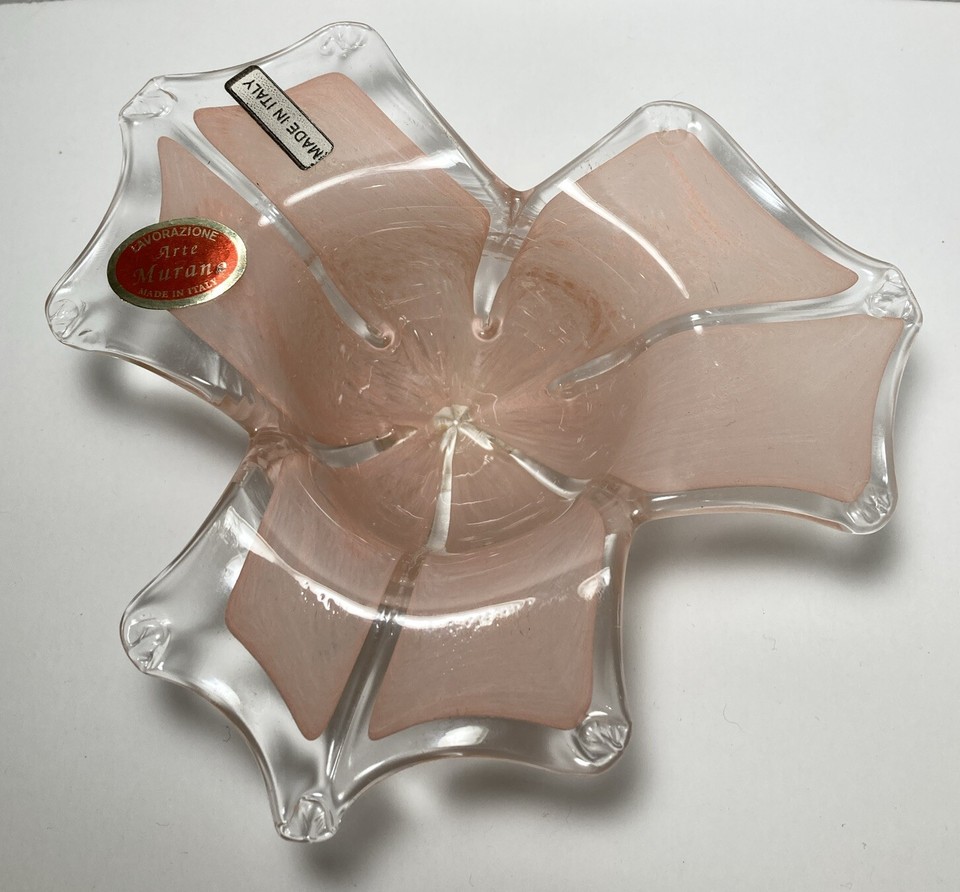 Lavorazione Arte Murano Art Glass Pink Flower Dish With Sticker Made In ...