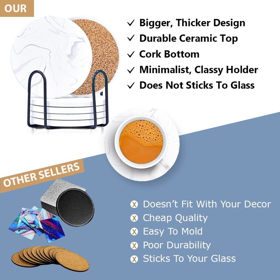 Ceramic Coasters with Matt Finish On Top & Cork Base Coasters for Cups ...