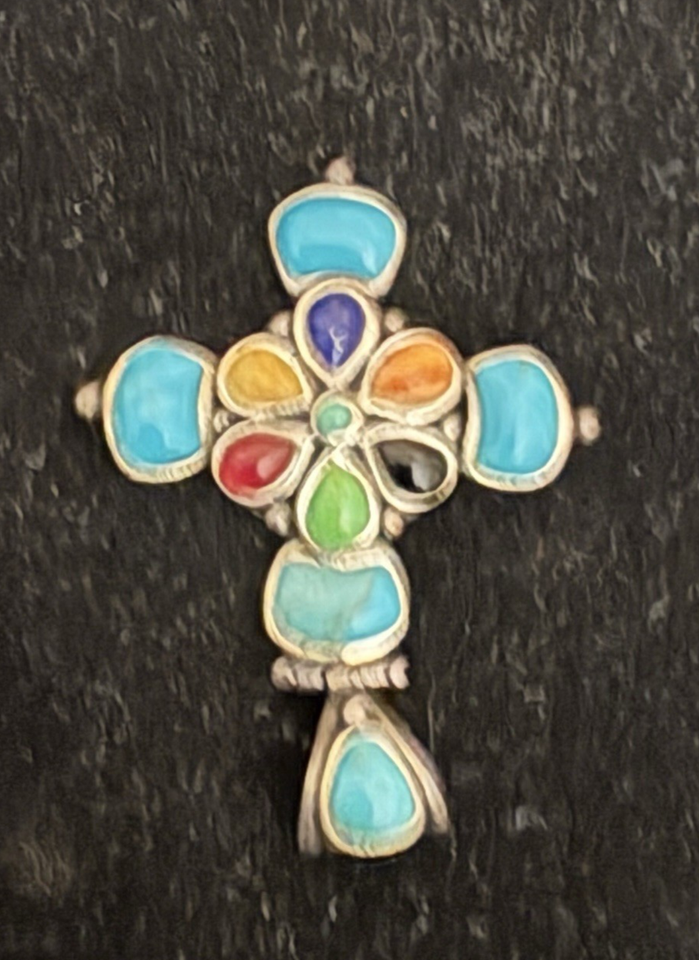 Sterling Silver & Turquoise Gemstone Dangle Cross Pendant: Signed Barse ...