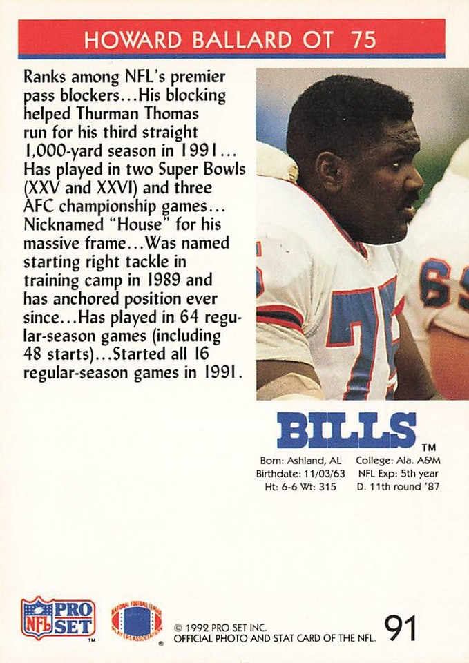 1992 Pro Set #91 Howard Ballard Buffalo Bills | eBay