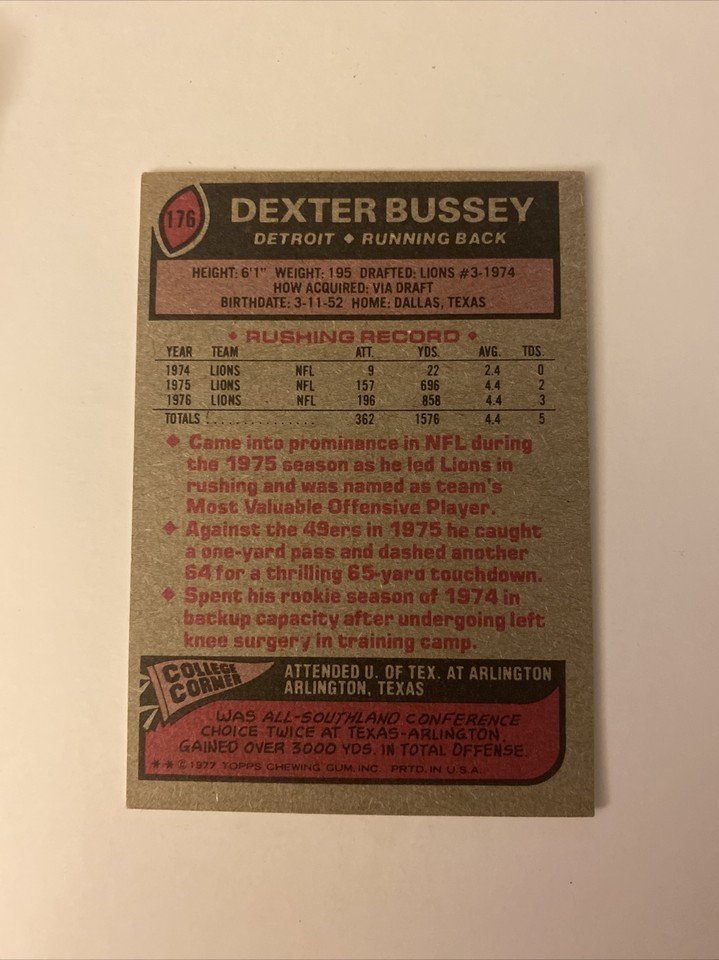 1977 Topps Football Dexter Bussey Detroit Lions Card #176 | eBay