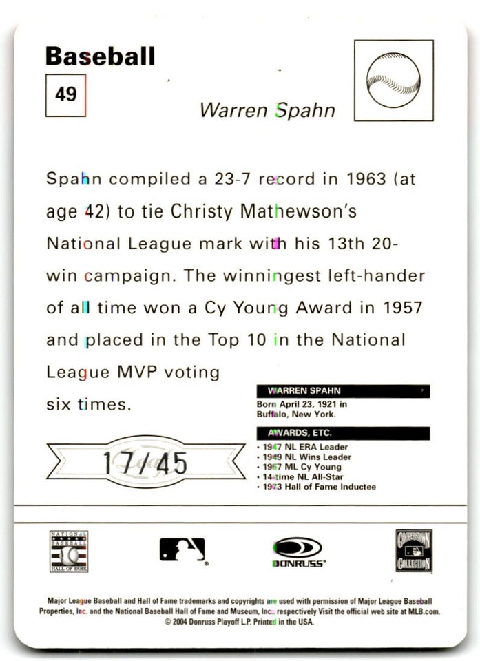 2004 Playoff Honors #24 Warren Spahn Red Sportscaster /45 Milwaukee ...