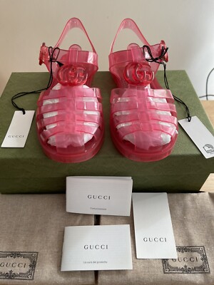 NIB Gucci Women's GG Jelly Slingback Sandals In Pink/Deep NIB Gucci Women's GG Jelly Slingback Sandals In Pink/Deep