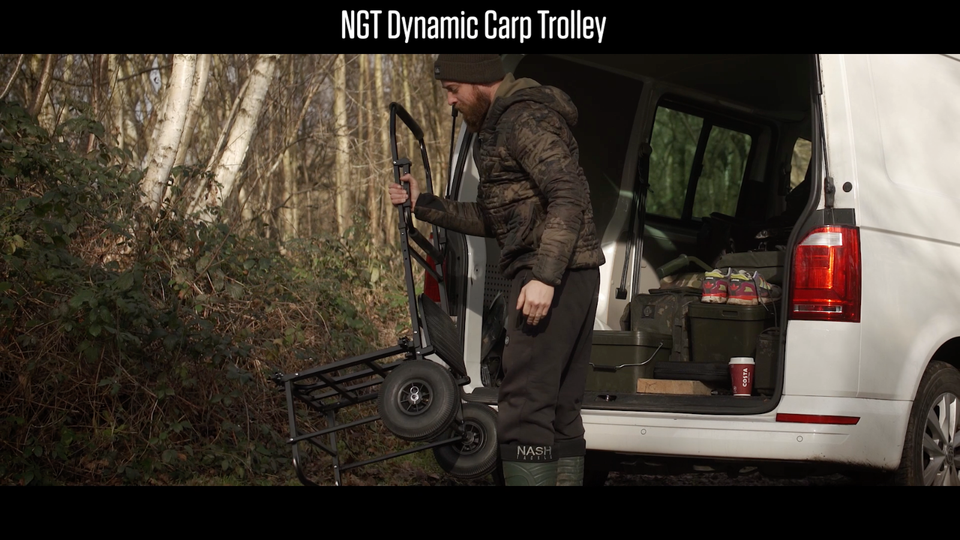 NGT DYNAMIC FISHING TROLLEY CARP COARSE MATCH FOLDS FLAT TWIN WHEEL ...