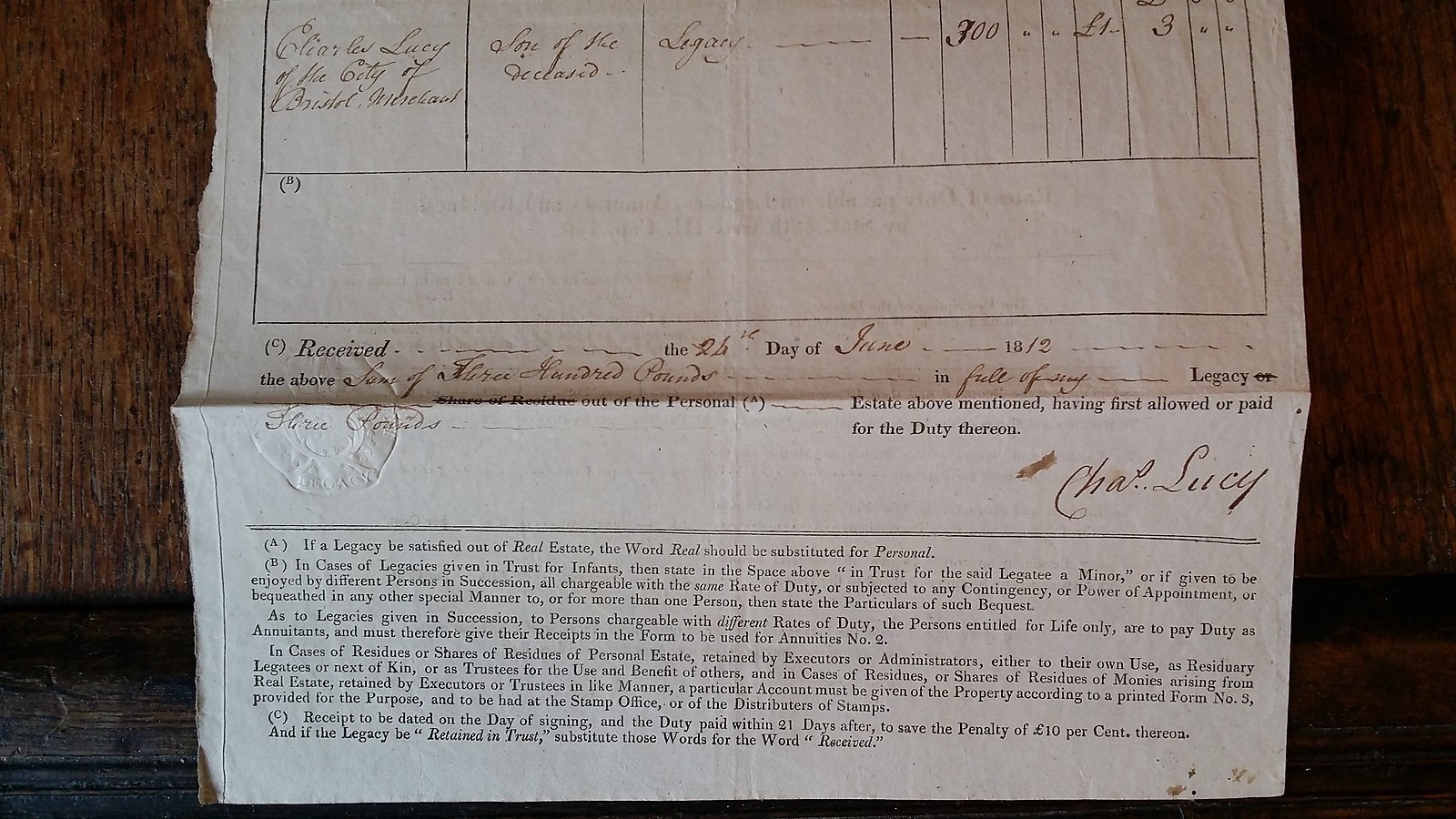 1812 ORIGINAL ANTIQUE STAMP OFFICE LEGACY FORM - EDWARD LUCY - LEDBURY ...
