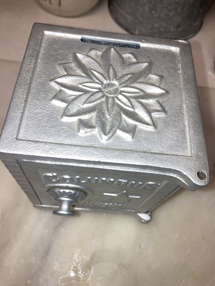 Antique Columbus Safe Tin & Cast Iron Still Combination Coin Bank - 5. ...