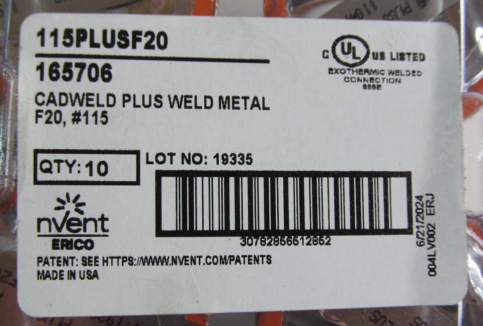 NEW 2024 10-PACK NVENT ERICO 115PLUSF20 CADWELD PLUS WELD METAL F20 ...