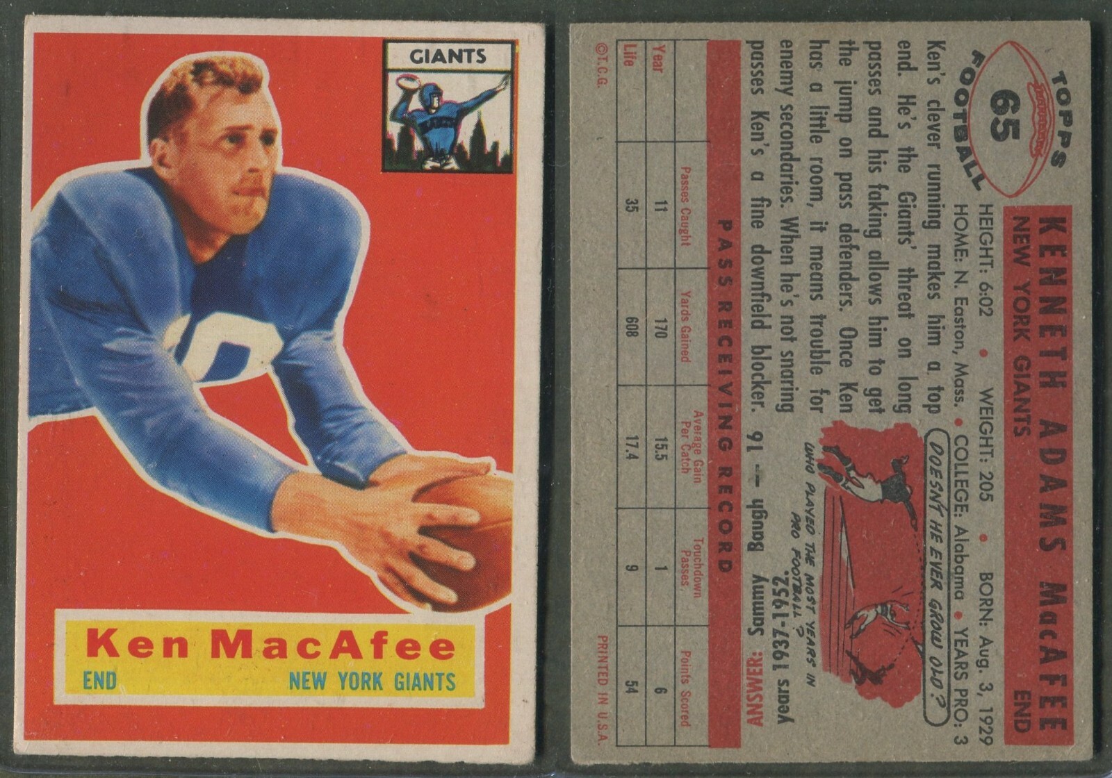 1956 Topps - #65 Ken MacAfee - New York Giants | eBay
