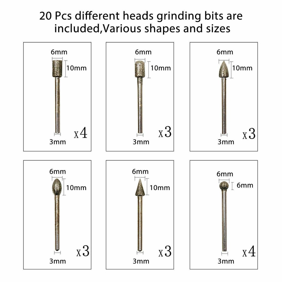 20pcs Diamond Burr Set Drill Bits Mini Drill For Dremel Rotary Tool ...