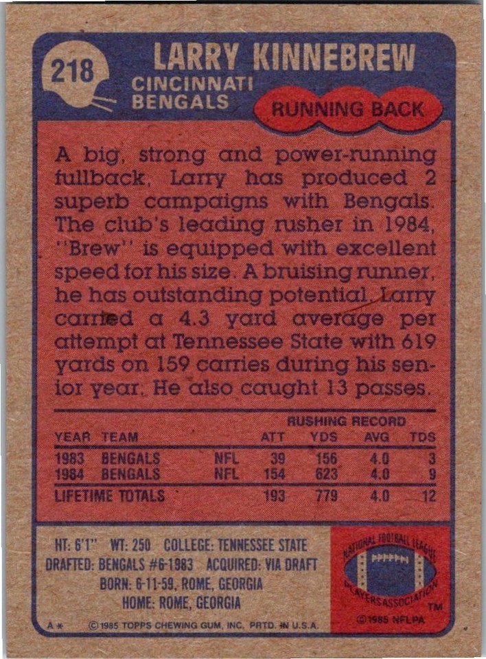 1985 Topps Football #218 Larry Kinnebrew Cincinnati Bengals Free ...