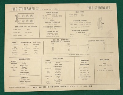 ORIGINAL SUN ELECTRIC CORP. TUNE UP SHEET 1960 STUDEBAKER 8 CYL LARK ...