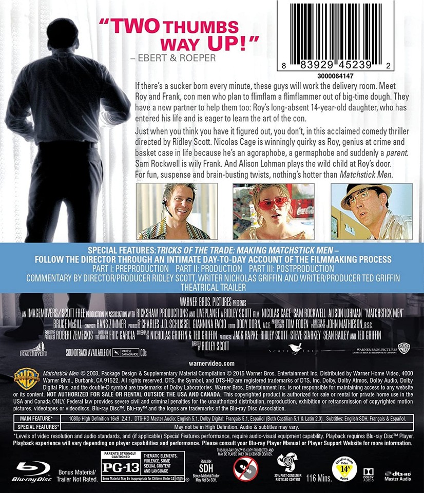 Matchstick Men (Blu-ray) Nicolas Cage Sam Rockwell Alison Lohman Bruce ...