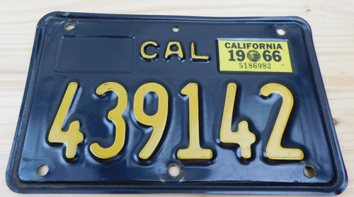 Vintage 1963 California Motorcycle License Plate #439142 W/ 1966 ...