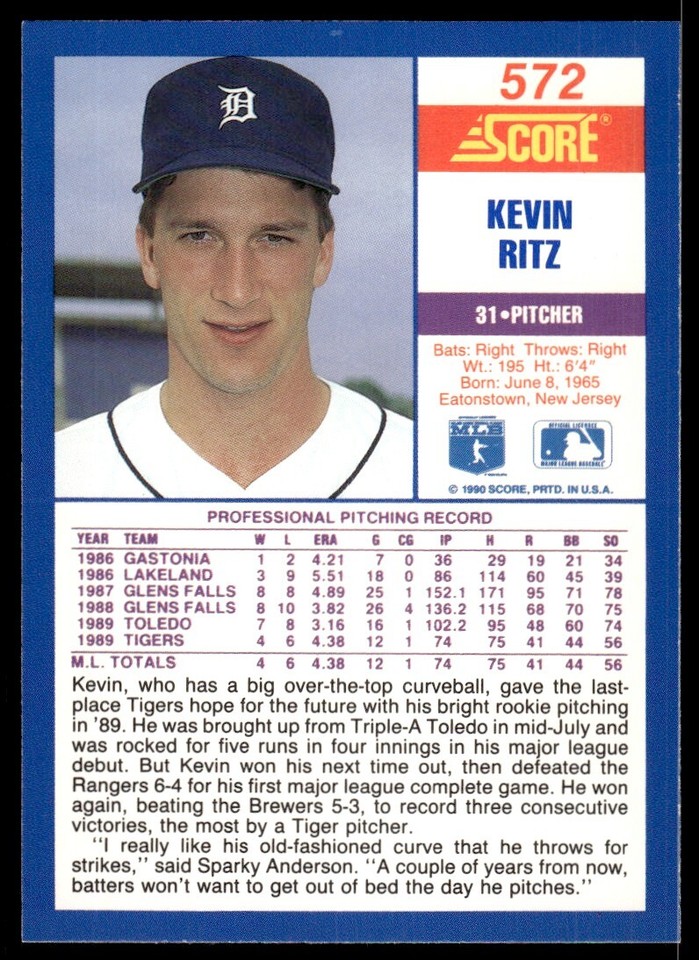 1990 Score Baseball Card Kevin Ritz Rookie Detroit Tigers #572 | eBay