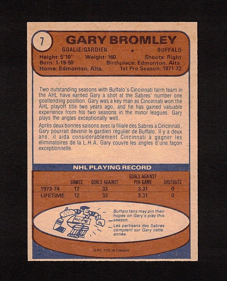 1974-75 GARY BROMLEY #7 ROOKIE EX-MT OPC Sabres GOALIE Star NHL Hockey ...