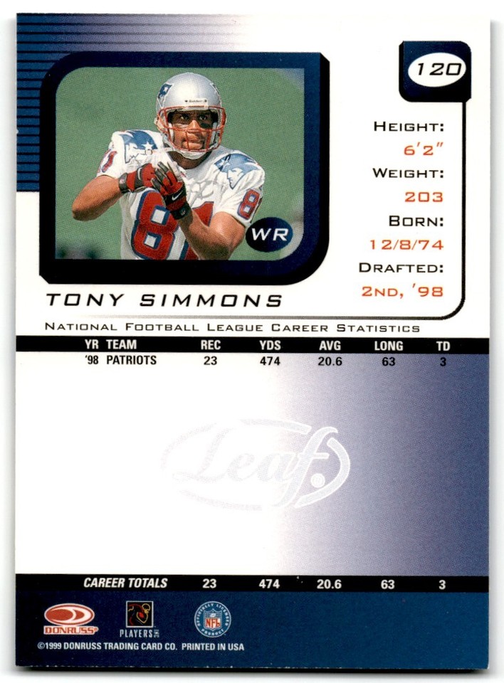 1999 Leaf Rookies & Stars Tony Simmons #120 New England Patriots | eBay