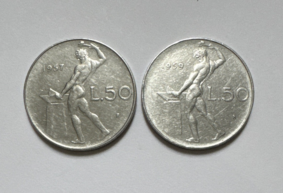 ITALY 1957 & 1959 50 Lire 2 VF coins KM95.1 L.50 R Italiana 1957R 1959R ...