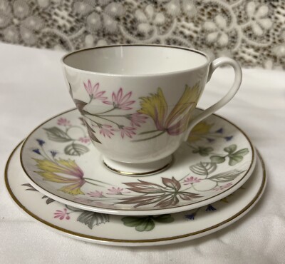 Shelly England China Tea Cup Saucer Cake Plate Trio Columbine Design | eBay