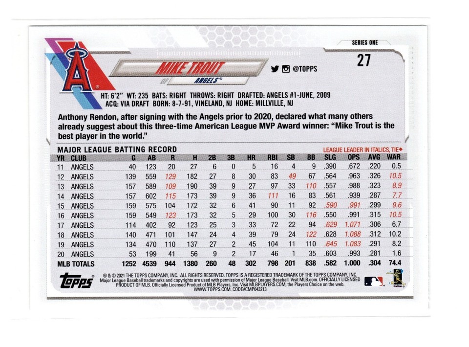 Mike Trout MVP 2021 Topps Series One Card #27 Rainbow Foil Refractors ...