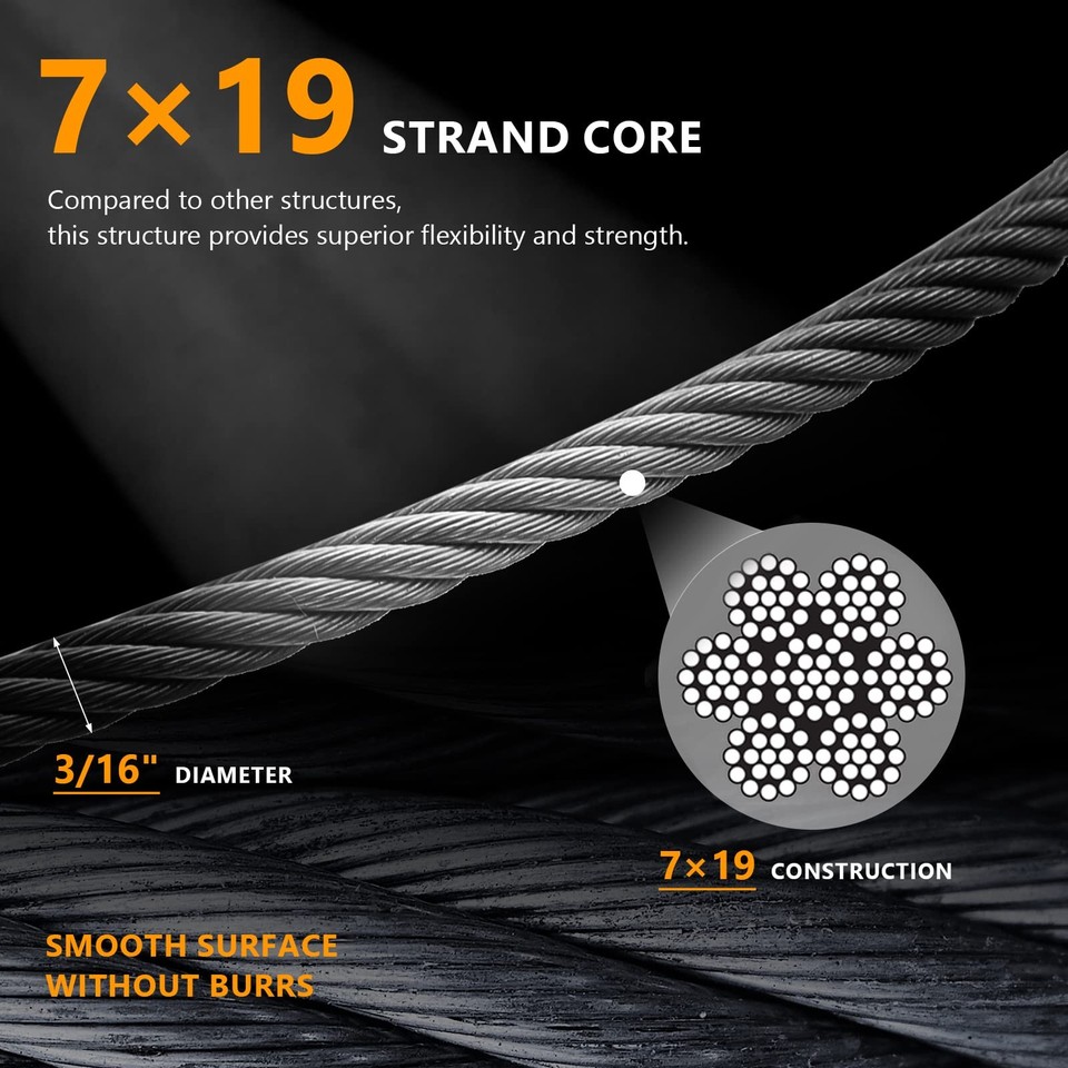3/16" Stainless Steel Cable 500FT, 7 x 19 Strand Wire Rope Aircraft ...