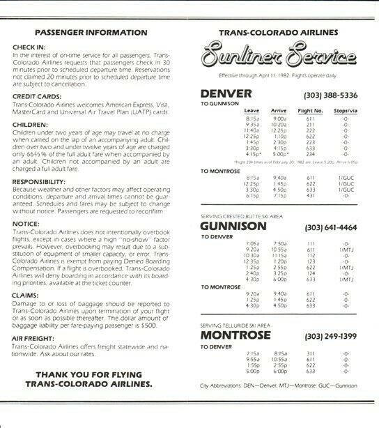 Trans-Colorado Airlines timetable 1982/04/11 | eBay