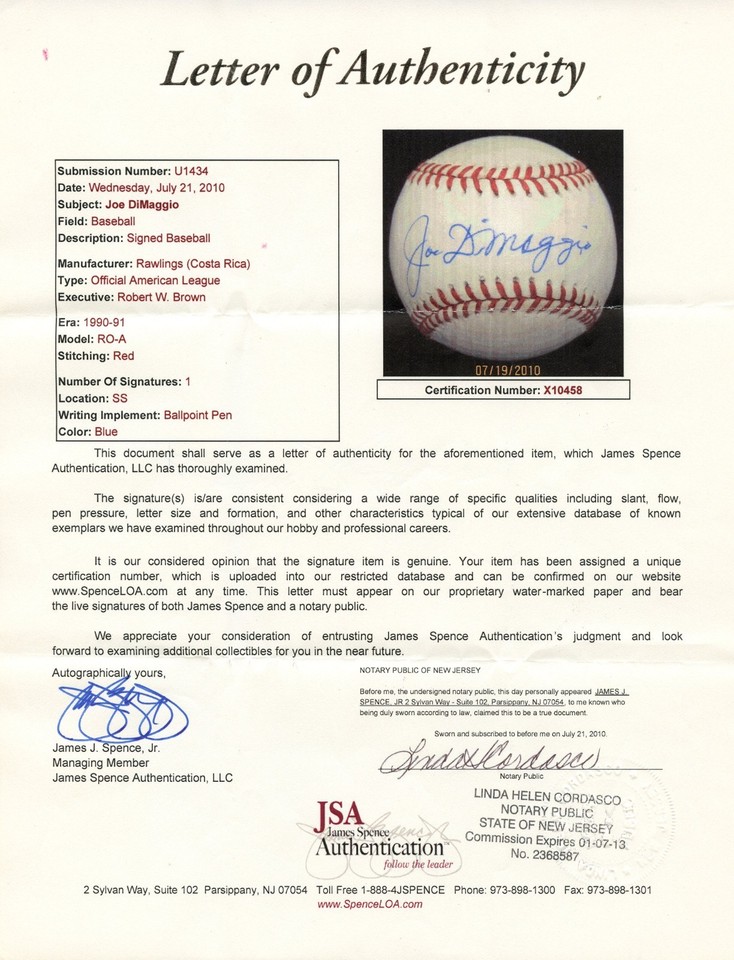 Joe DiMaggio Signed Official National League Baseball JSA LOA #X10458 ...