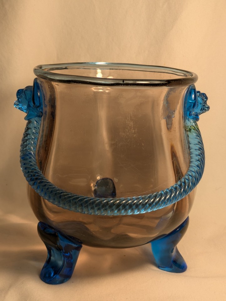 Harrach Bohemian Glass Vase Snake Handle Blue Amethyst Footed Fat ...