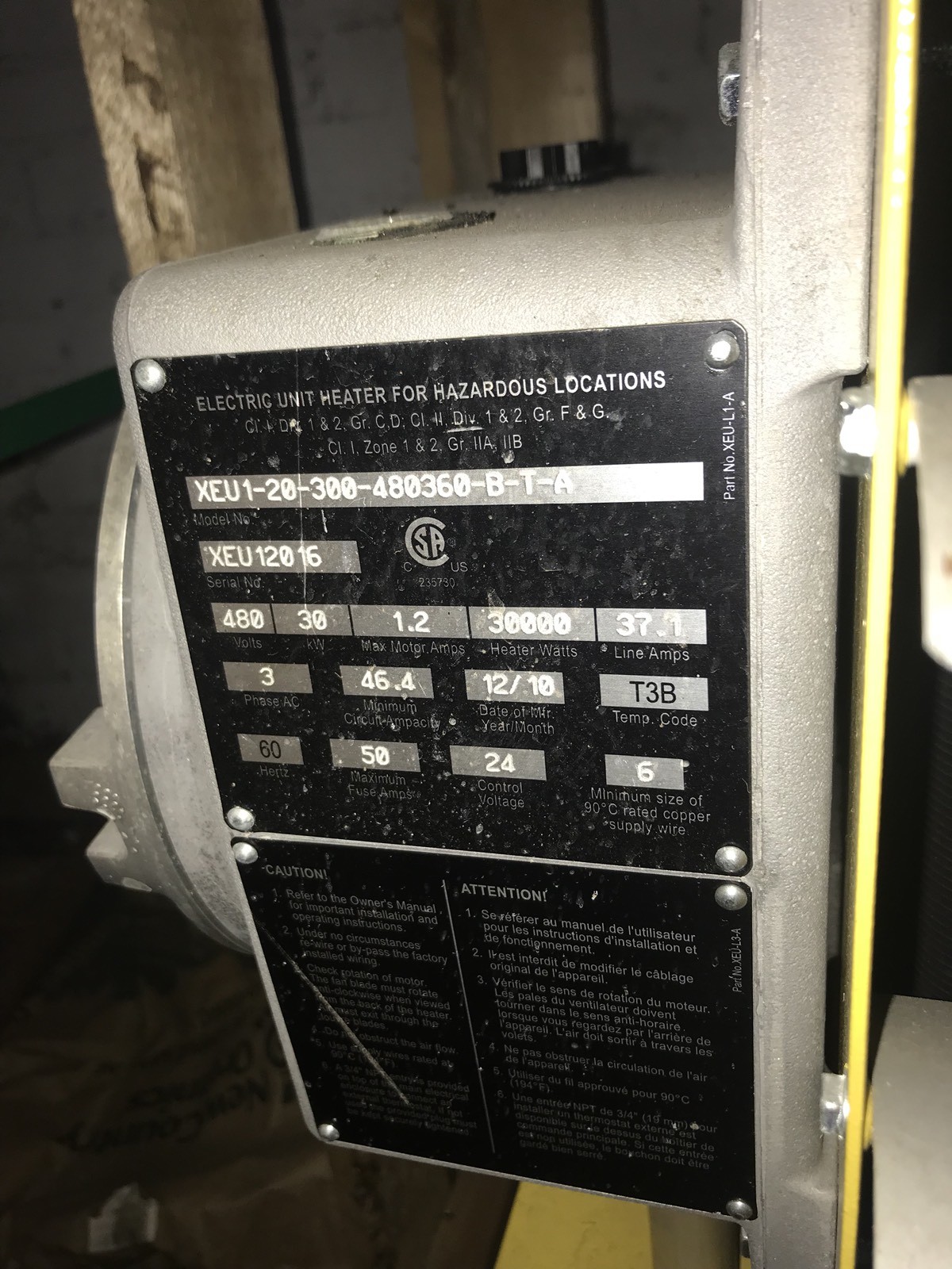 HAZLOC 30kw Hazardous Electric Heater NEW XEU1-20-300-480360-B-T-A 480v ...