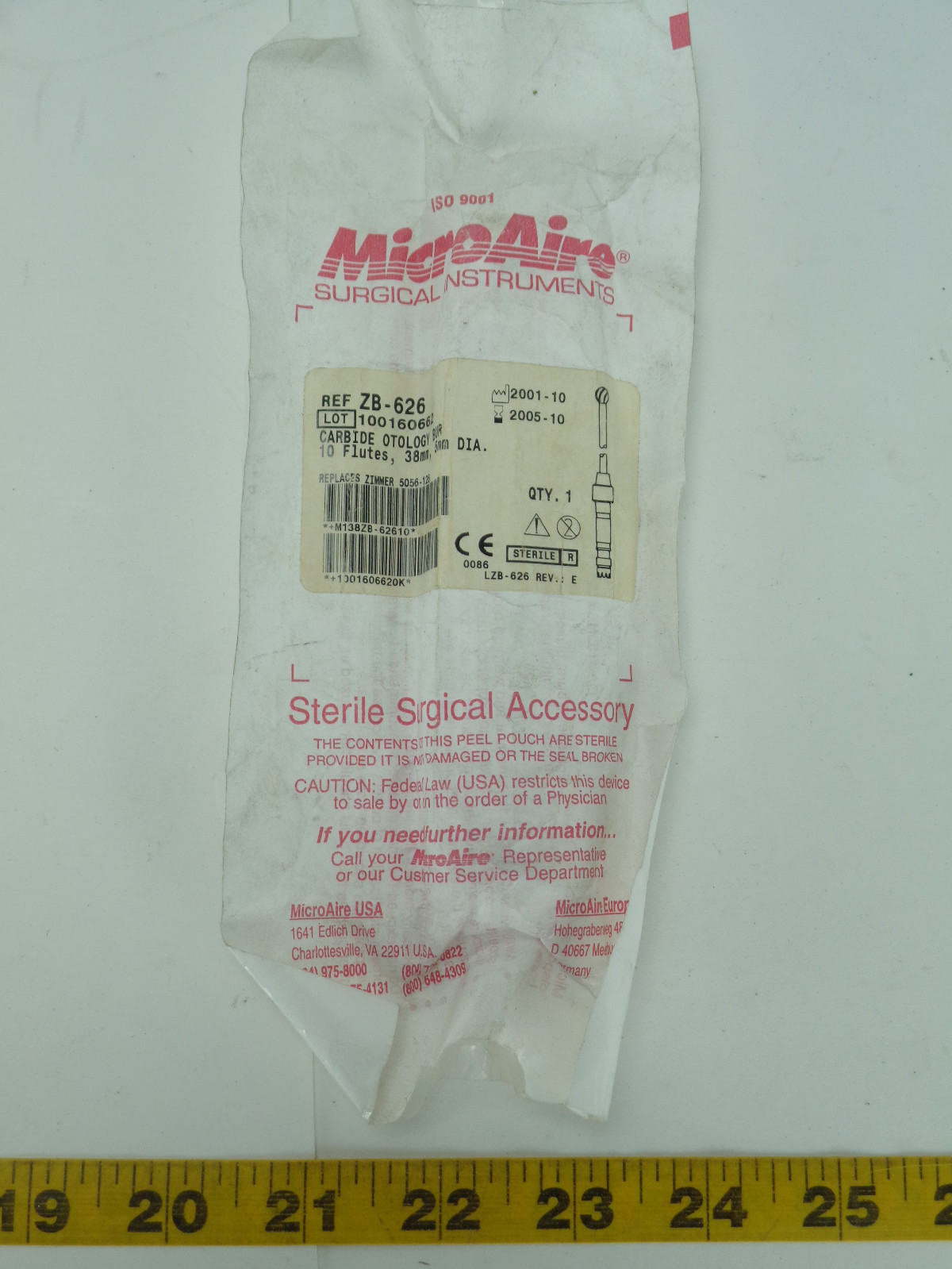 MicroAire Surgical Instruments ZB-626 Carbide Otology Bur 10 Flute 38 5 ...